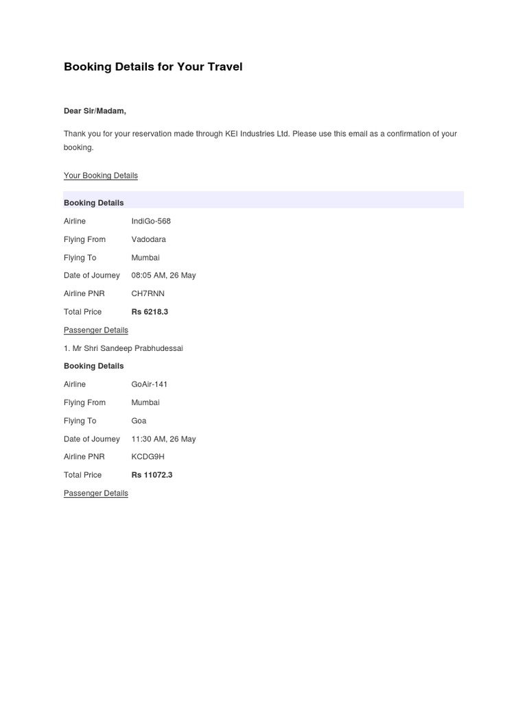Travel Booking Confirmation Details | PDF
