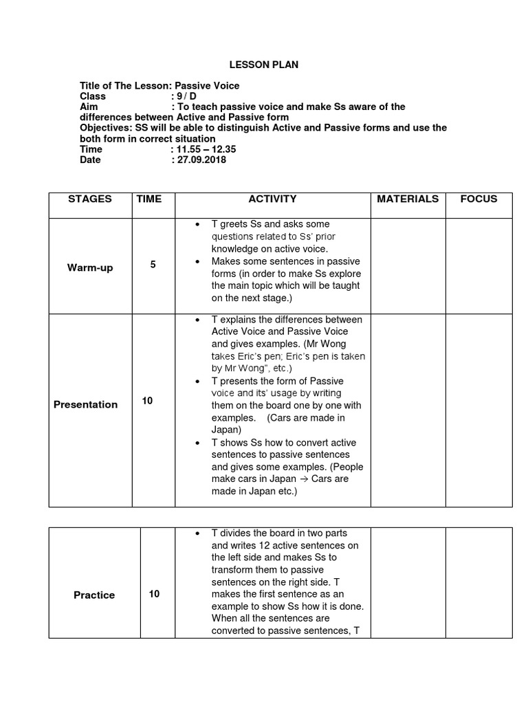 Passive Voice Lesson Plan | Lesson Plan | Cognition