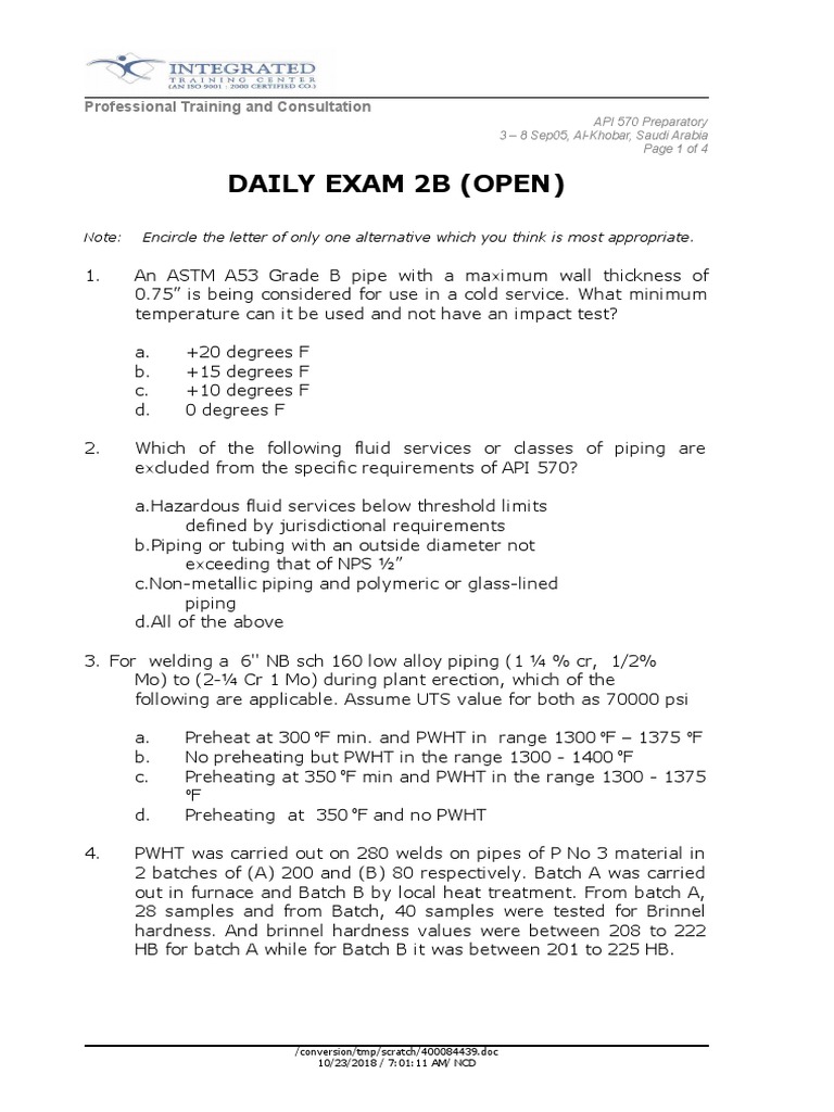 Daily - Exam - 2B - Open and Answer | PDF | Pipe (Fluid Conveyance ...