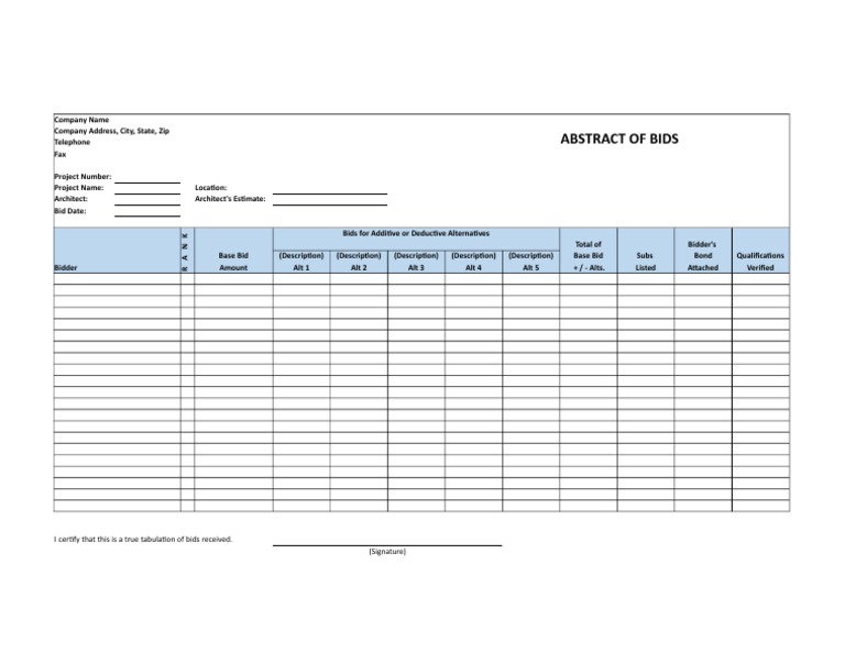 Construction Bid Abstract Template | PDF