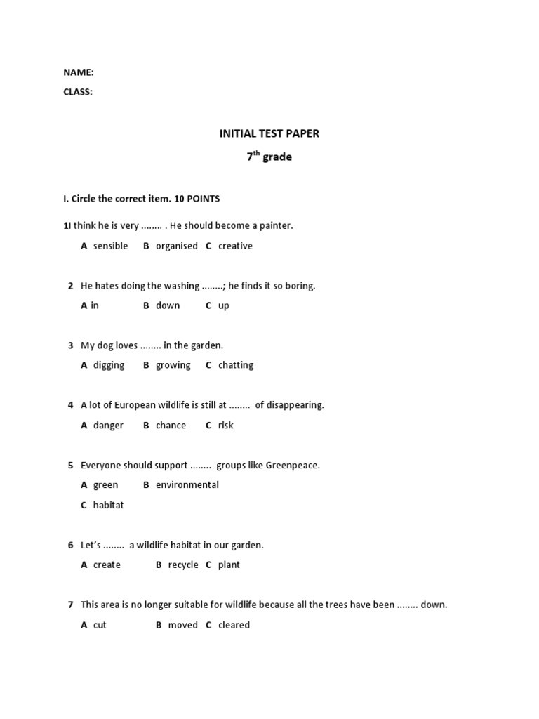 Initial Test Paper 7 Grade: Name: Class | PDF | Nature