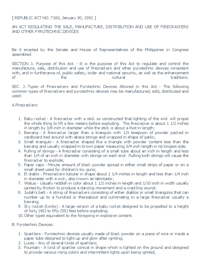 Republic Act No 7183 | PDF | Pyrotechnics