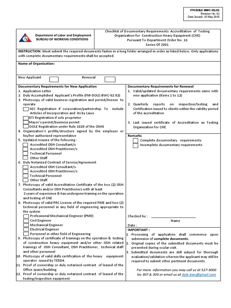 DOLE BWC 02 01 Checklist of Requirements | PDF | Notary Public | Business