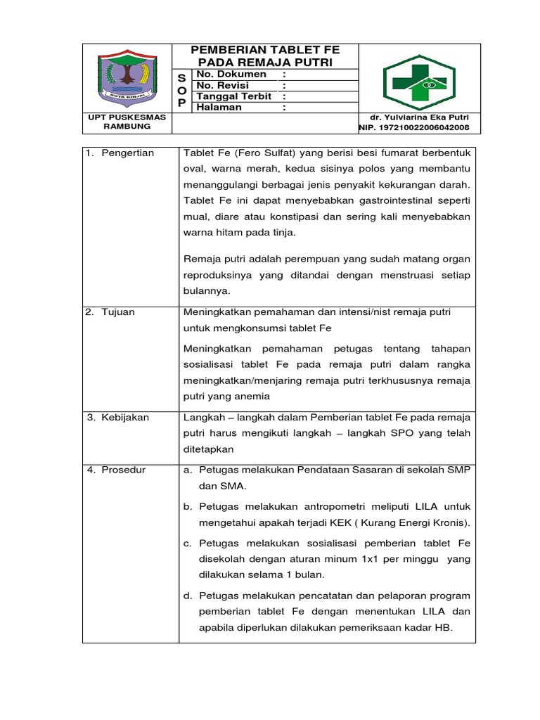 Sop Pemberian Tablet Fe Pada Remaja Putri | PDF