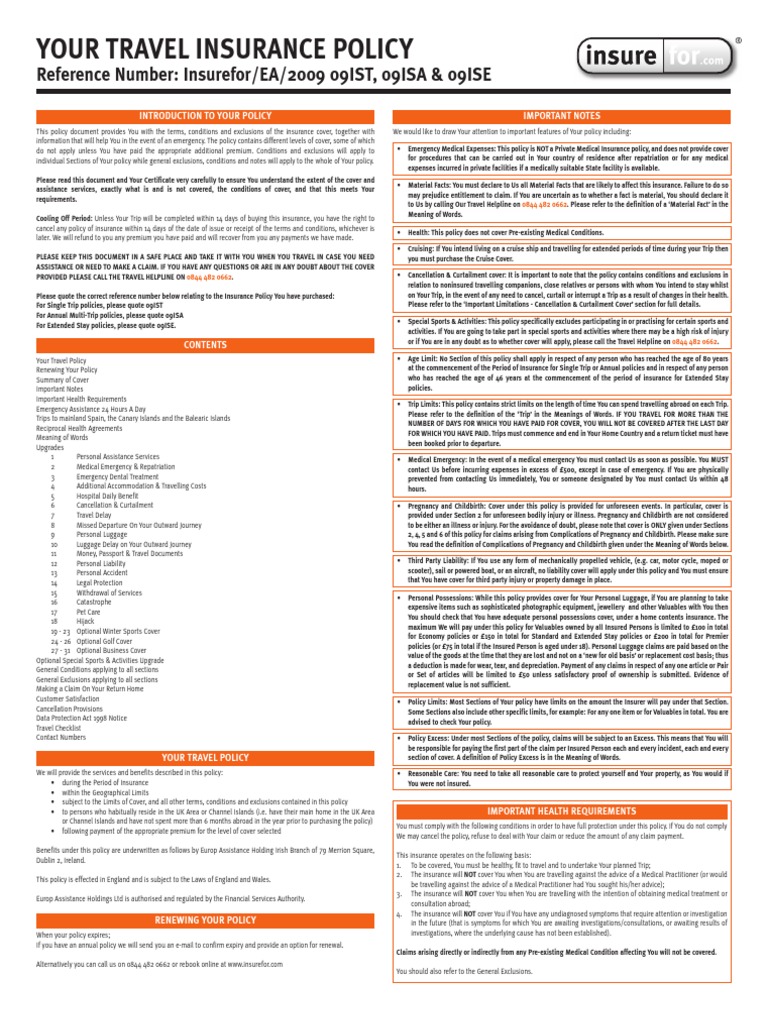 Your Travel Insurance Policy: Reference Number: Insurefor/EA/2009 09IST ...