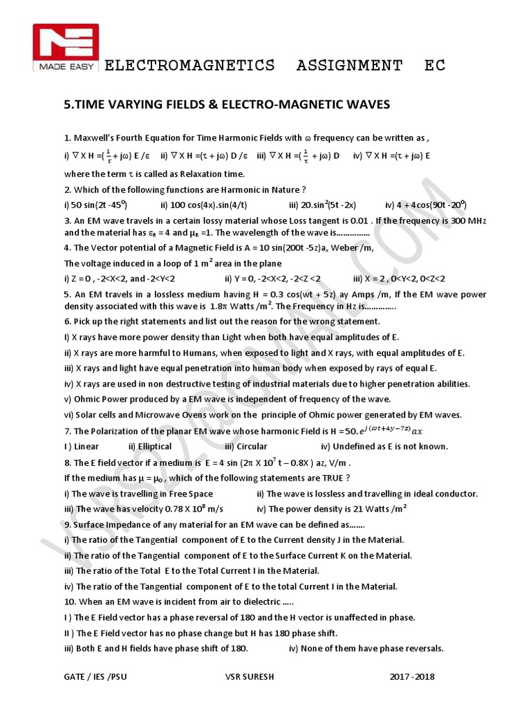 Electromagnetics Assignment Ec: 5.time Varying Fields & Electro ...