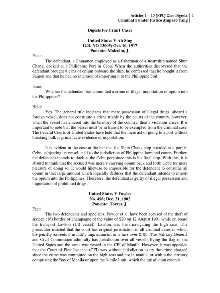 Justice Tang - Case Digest - Criminal Law 1 | PDF | Crime & Violence ...
