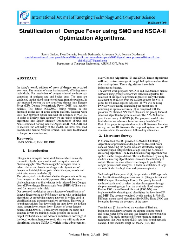 Tratification of Dengue Fever Using SMO and NSGA-II Optimization Algorithms. | PDF | Artificial ...
