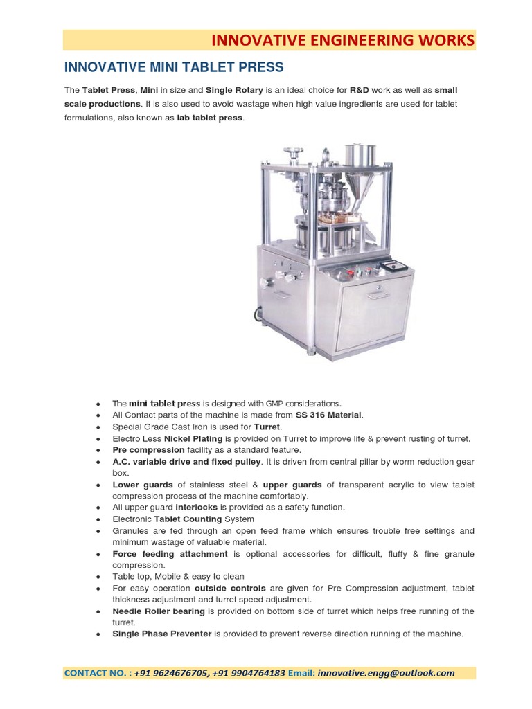 A Technical Description and Specifications for Innovative Engineering Works' Mini Tablet Press ...