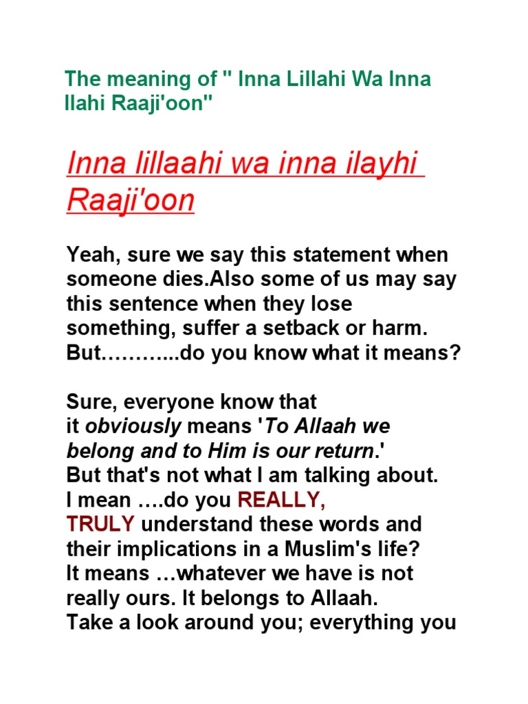 The Meaning of Inna Lillahi Wa Inna Ilahi Raaji'Oon | PDF | God In ...