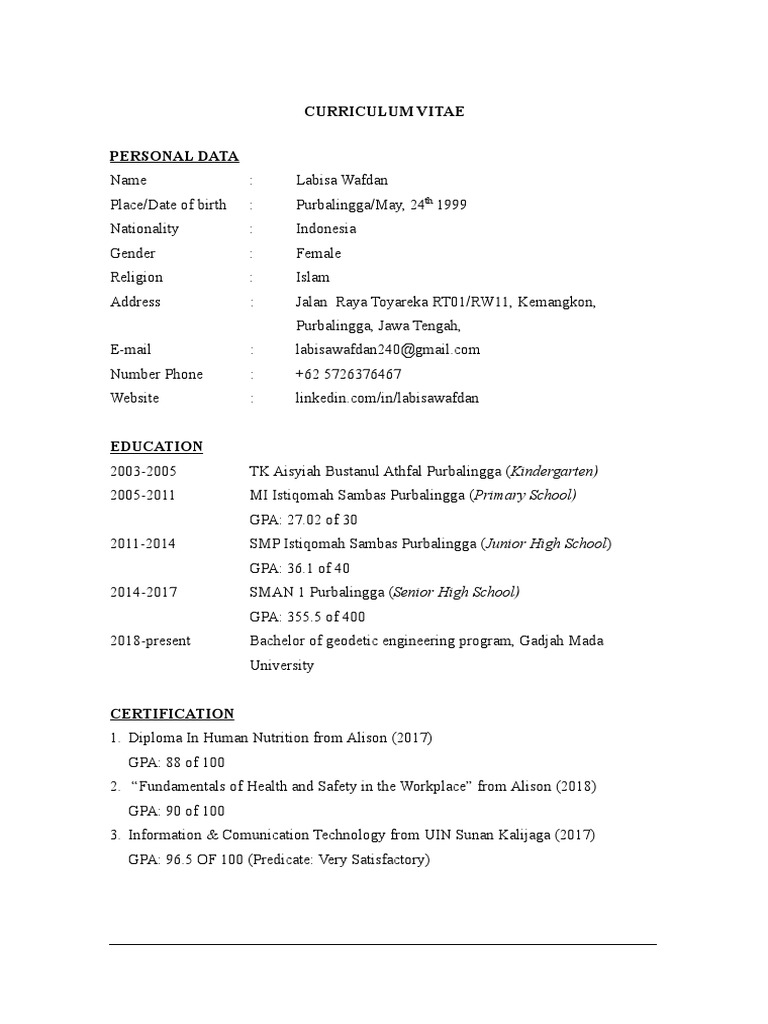 Curriculum Vitae Personal Data | PDF