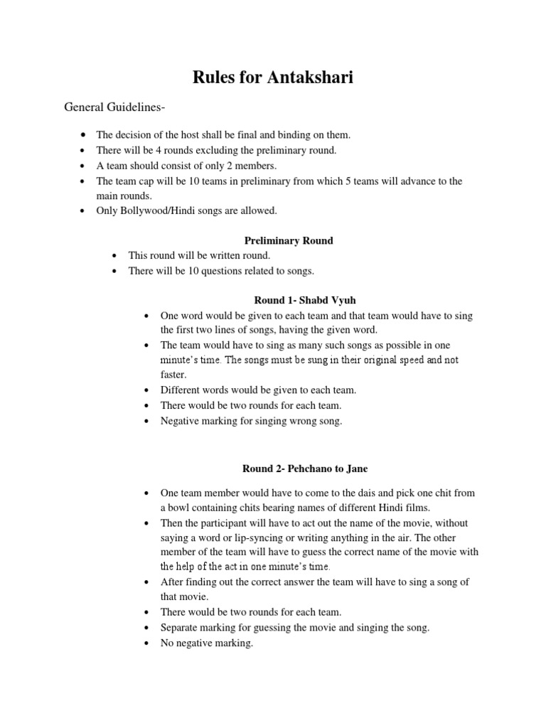 Rules For Antakshari | Download Free PDF | Entertainment | Leisure