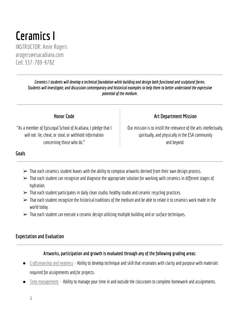 Ceramics 1 Syllabus 2018 | PDF | Homework | Design