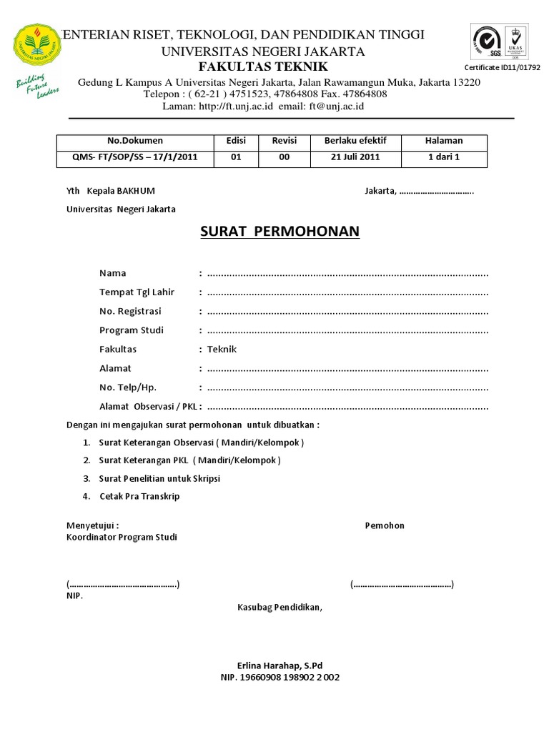 Kemenristek Form Surat Permohonan UNJ | PDF