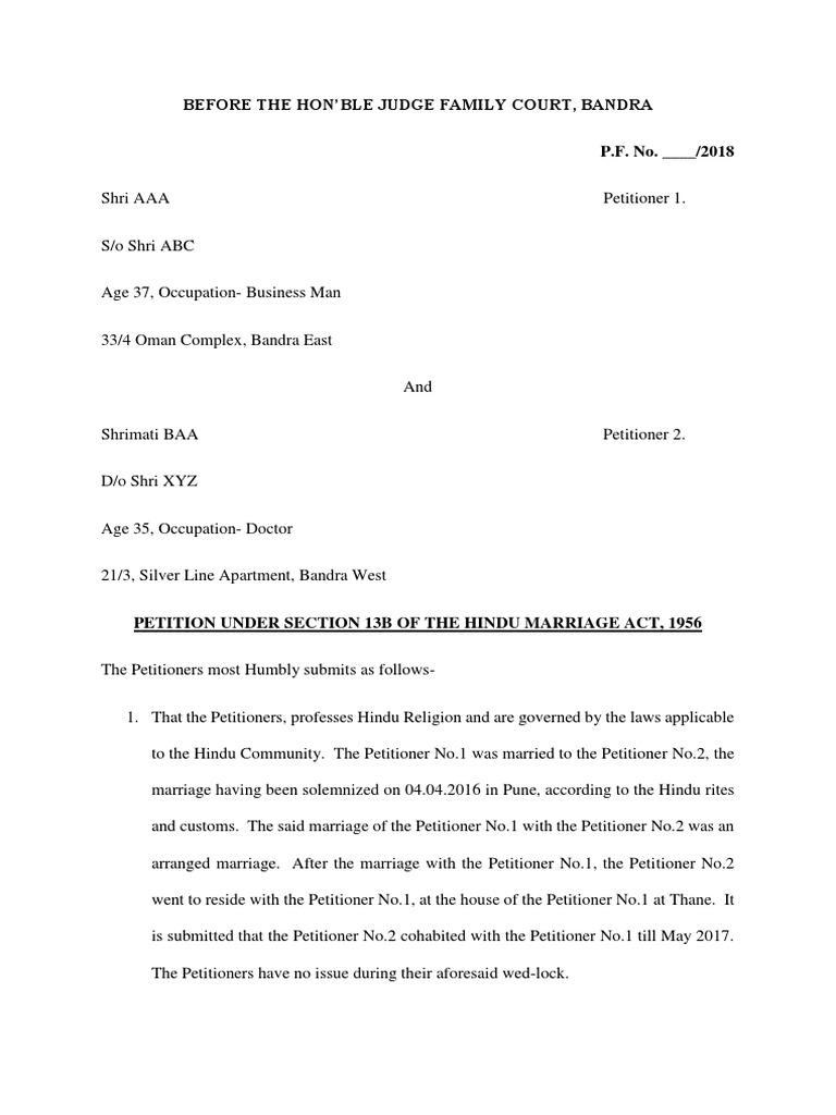 Draft Petition For Divorce by Mutual Consent | PDF | Marriage | Divorce