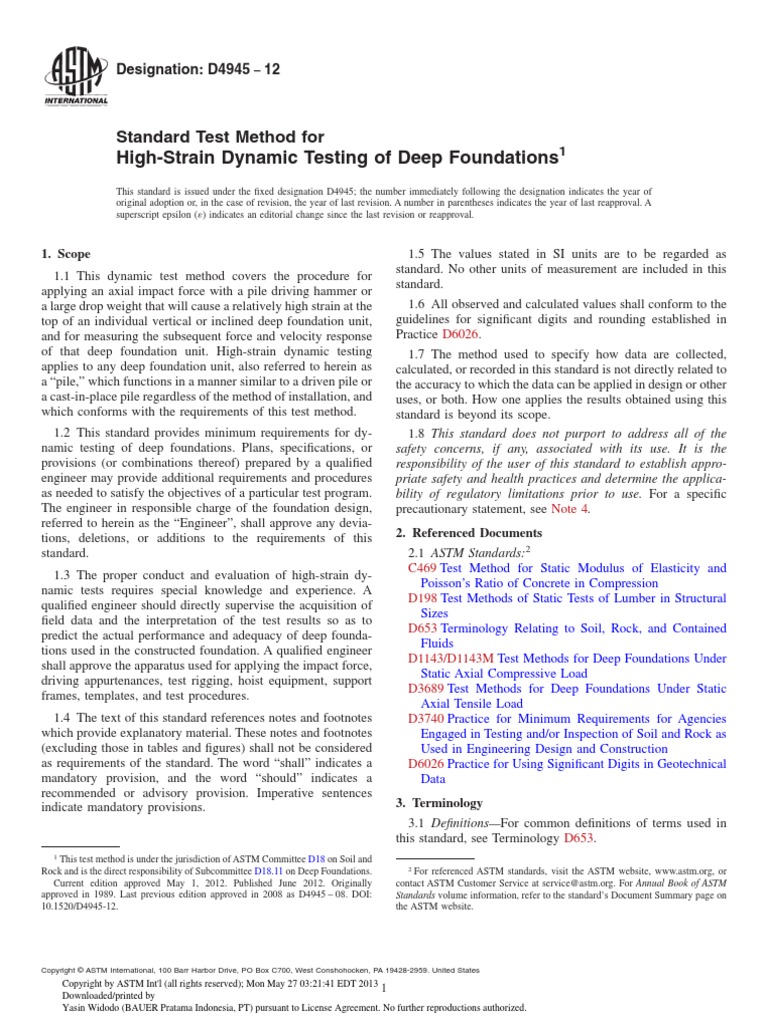 ASTM D4945 12 High Strain Dynamic Testing of Deep Foundation | PDF ...
