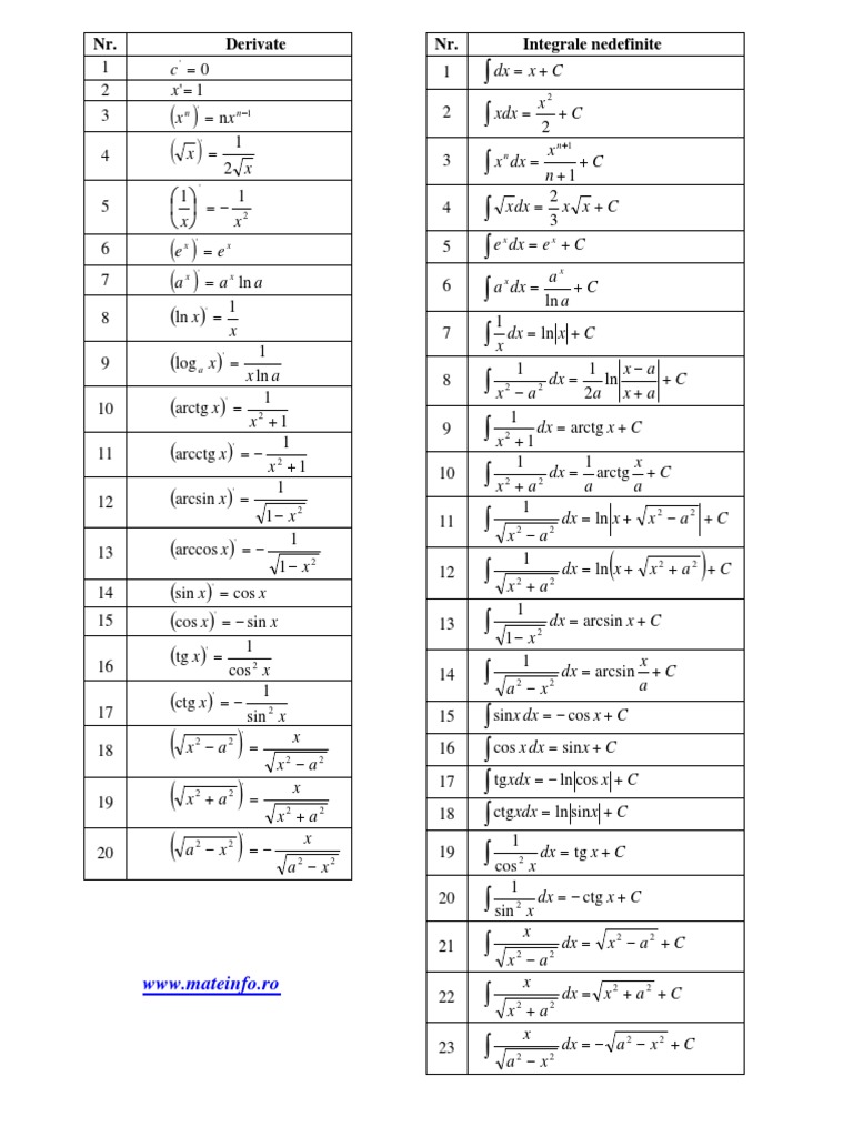 TABEL - Derivate Si Integrale | PDF