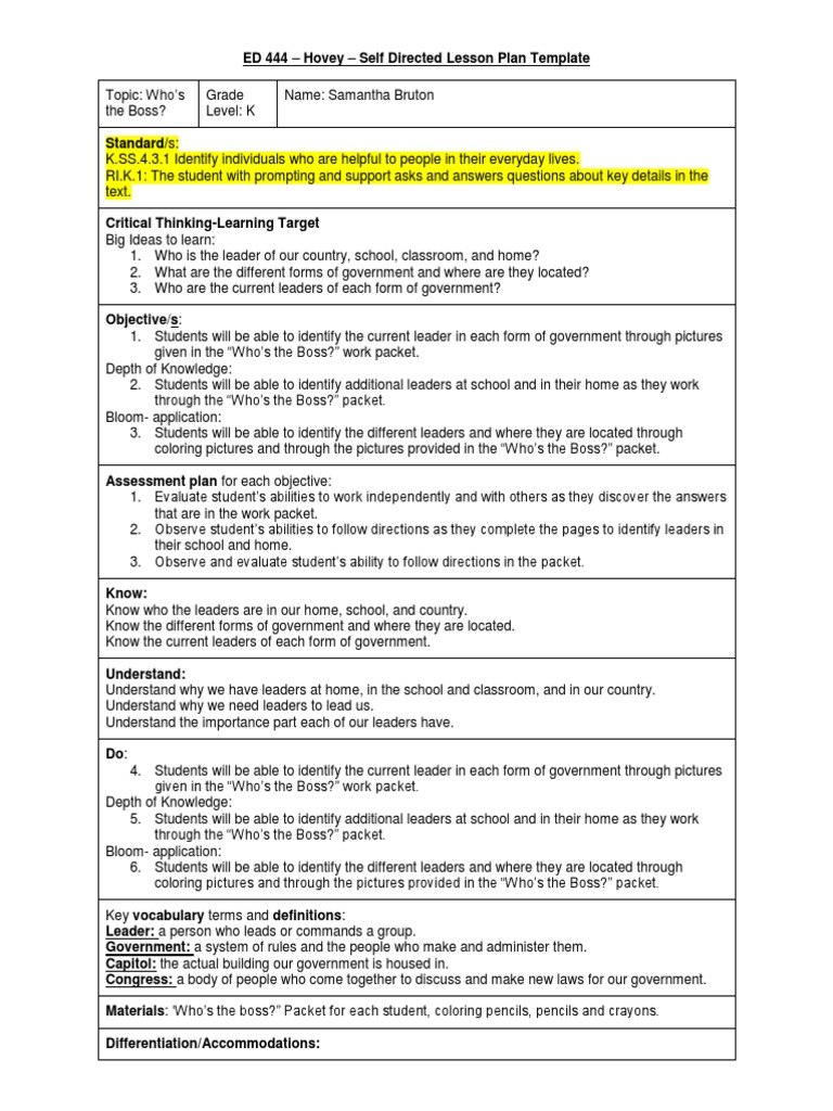 Self-Directed Lesson Plan | PDF | Lesson Plan | Rubric (Academic)