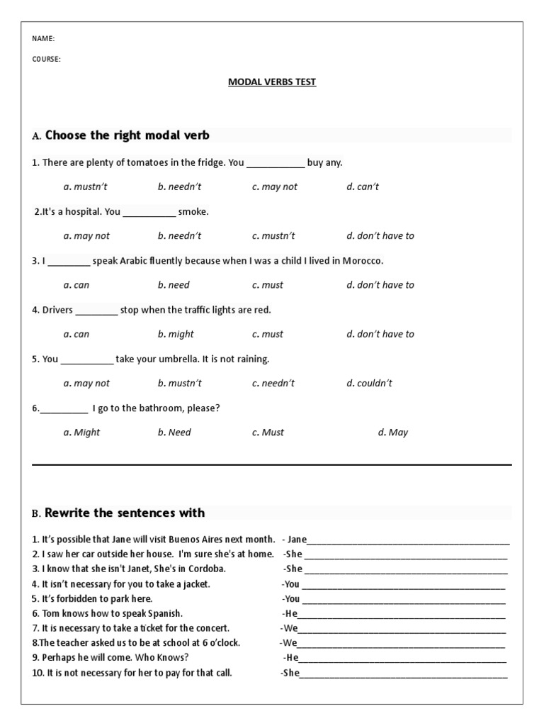 English Test - Modal Verbs | PDF | Syntax | Grammar