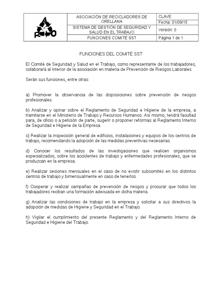 Funciones Comite SST Aro | PDF
