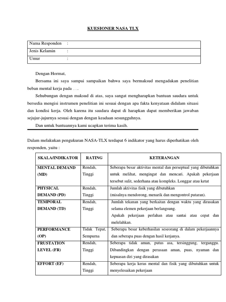 Kuesioner Nasa TLX | PDF