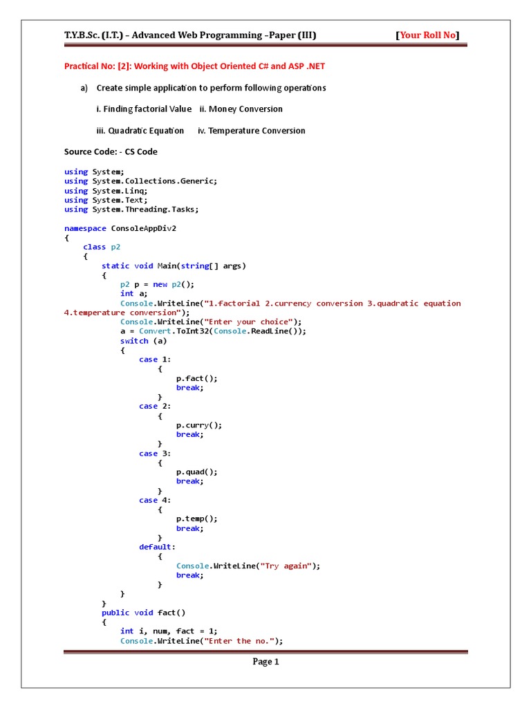 Awp Practical 2 Pdf C Sharp Programming Language Object Oriented Programming