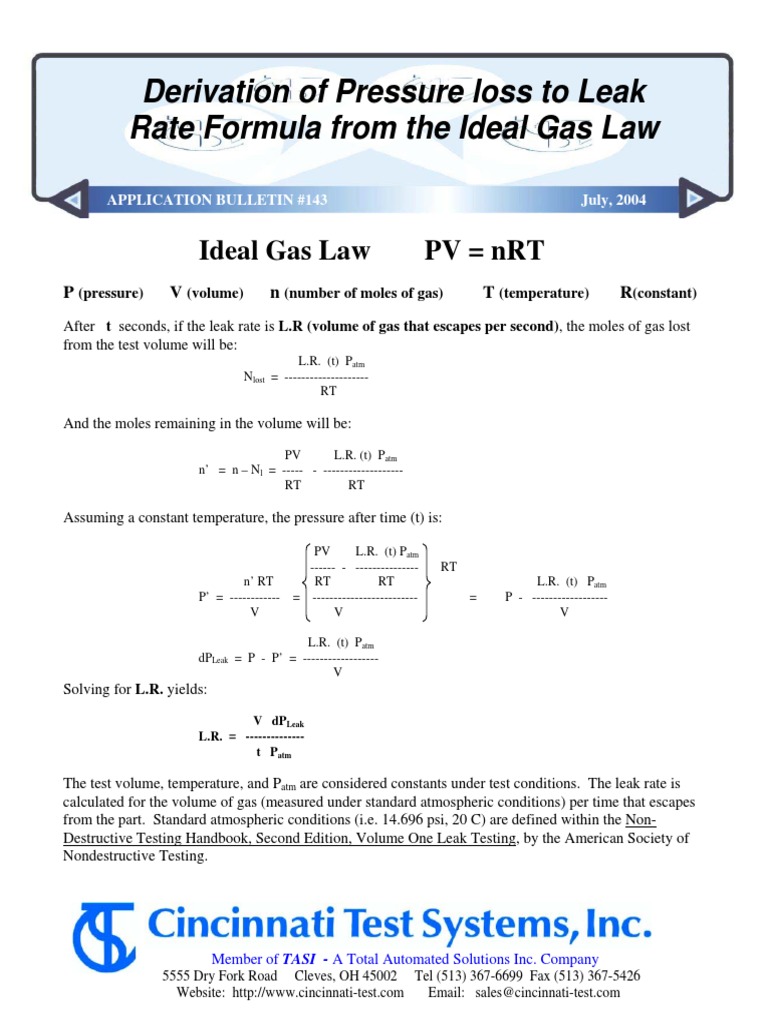 Derivation of Pressure Loss To Leak Rate Formula From The Ideal Gas Law ...