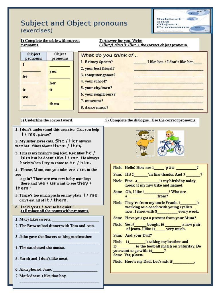 Subject and Object Pronouns Exercises Grammar Drills Warmers Coolers ...