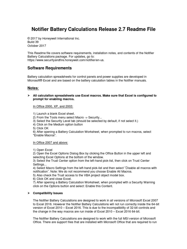 Notifier Battery Calculations-Readme PDF | PDF | Microsoft Excel ...