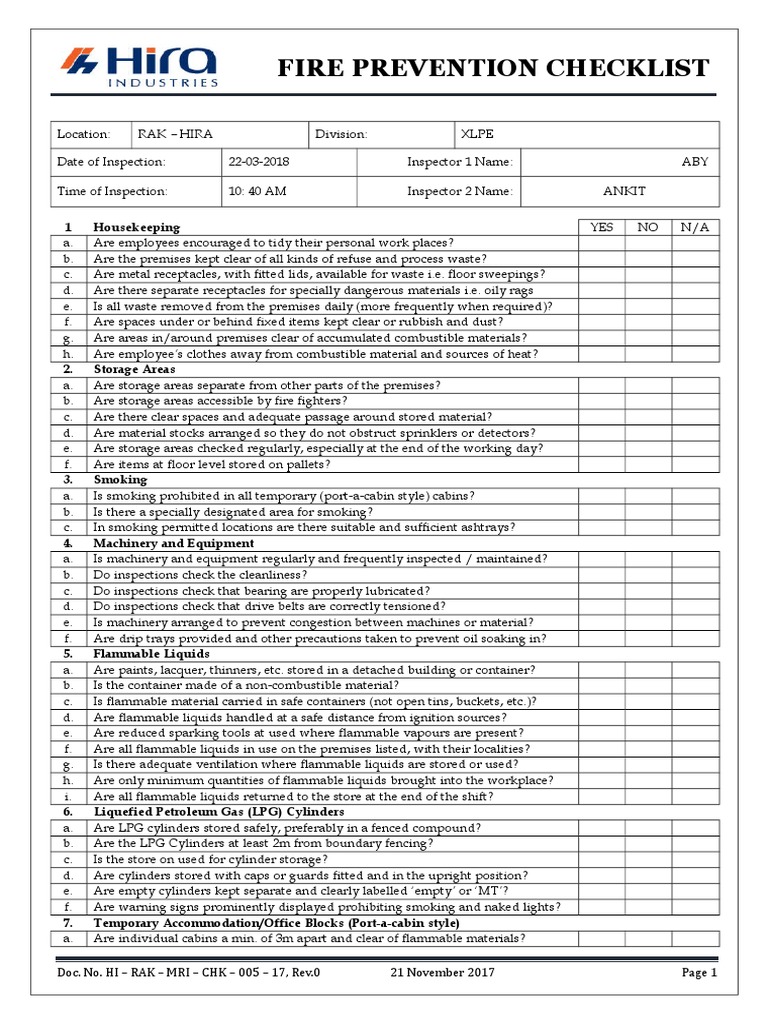 5fire Prevention Checklist, Rev.0 | PDF | Liquefied Petroleum Gas | Fires