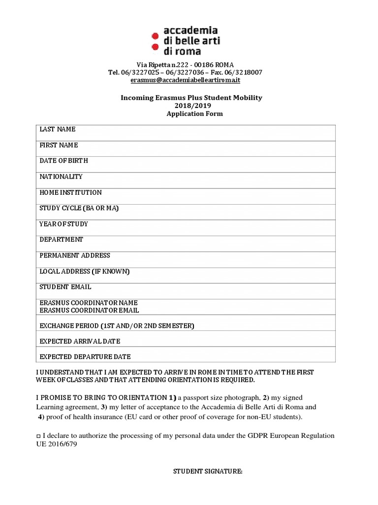 Incoming Erasmus Plus Student Mobility: 2018/2019 Application Form | PDF