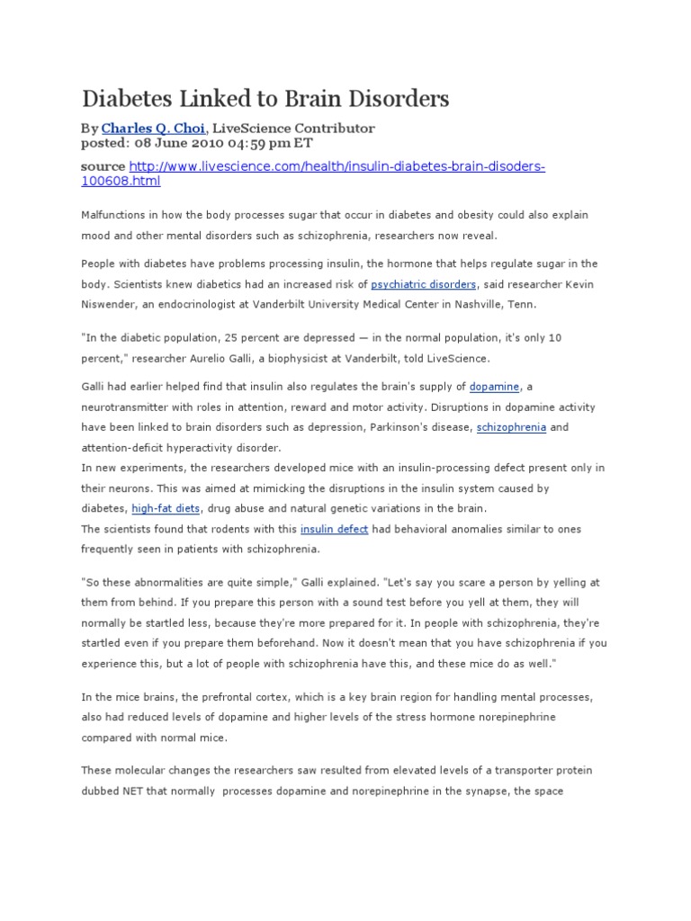 Diabetes Linked To Brain Disorders | PDF | Dopamine | Schizophrenia
