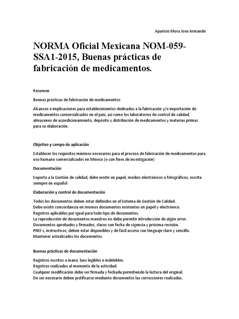 NORMA Oficial Mexicana NOM-059-SSA1-2015, Buenas Prácticas de Fabricación de Medicamentos. | PDF ...