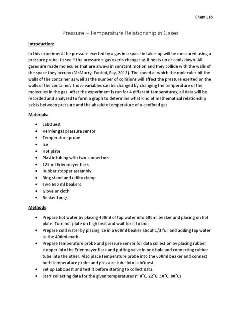 Lab 9 - Pressure Vs Temperature. | PDF | Gases | Temperature