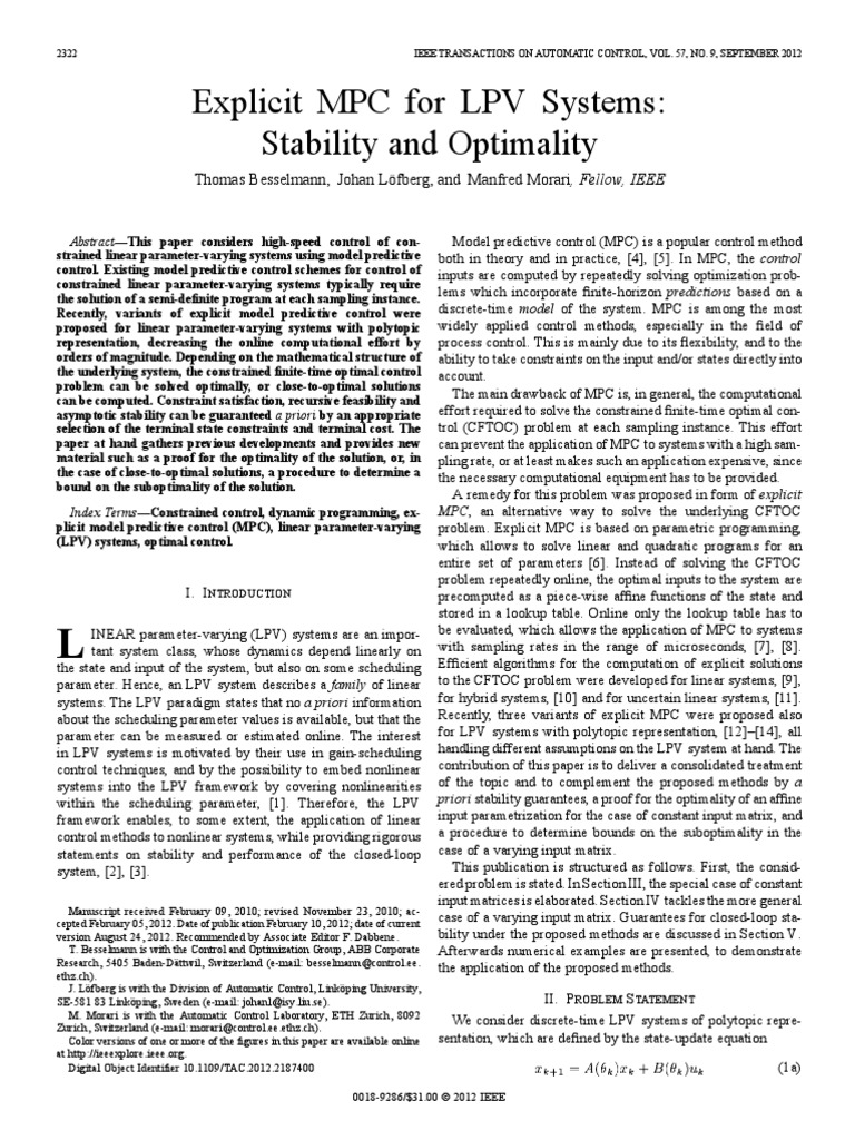 Explicit MPC For LPV Systems: Stability and Optimality | PDF | Mathematical Optimization ...