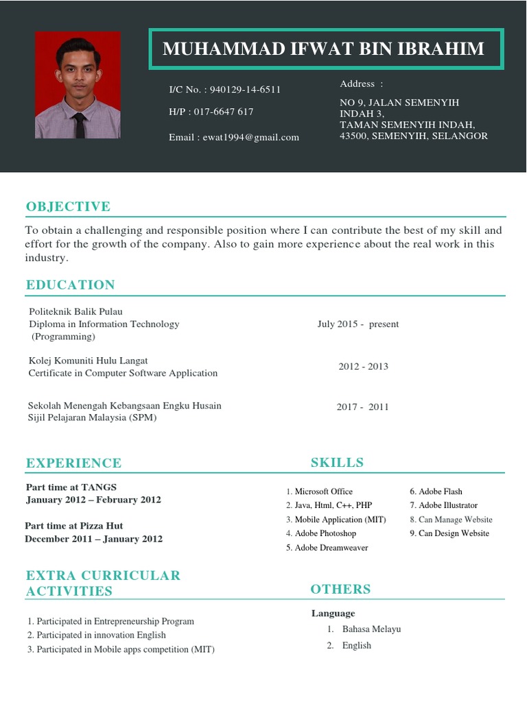 Muhammad Ifwat Bin Ibrahim Resume Internship | PDF