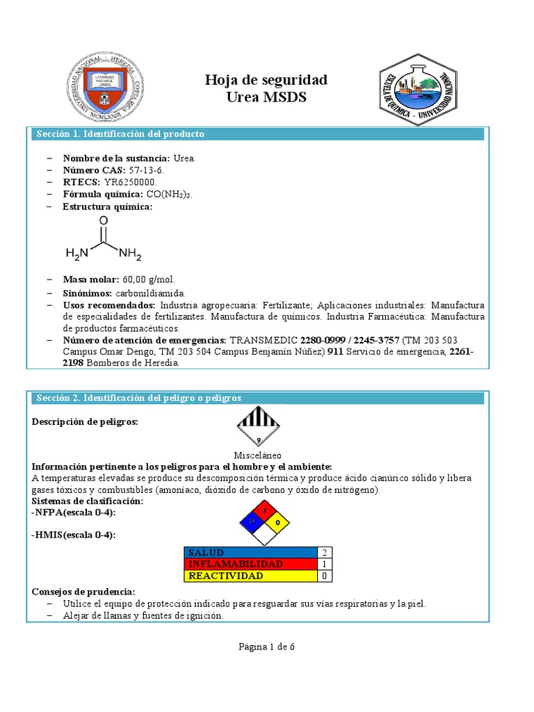 Hoja de Seguridad de Urea MSDS | PDF | Amoníaco | Dióxido de carbono