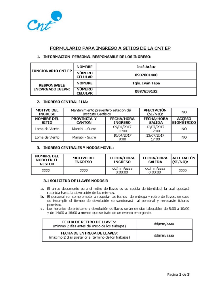 Formulario de Ingreso a Sitios CNT EP | PDF | Agitación