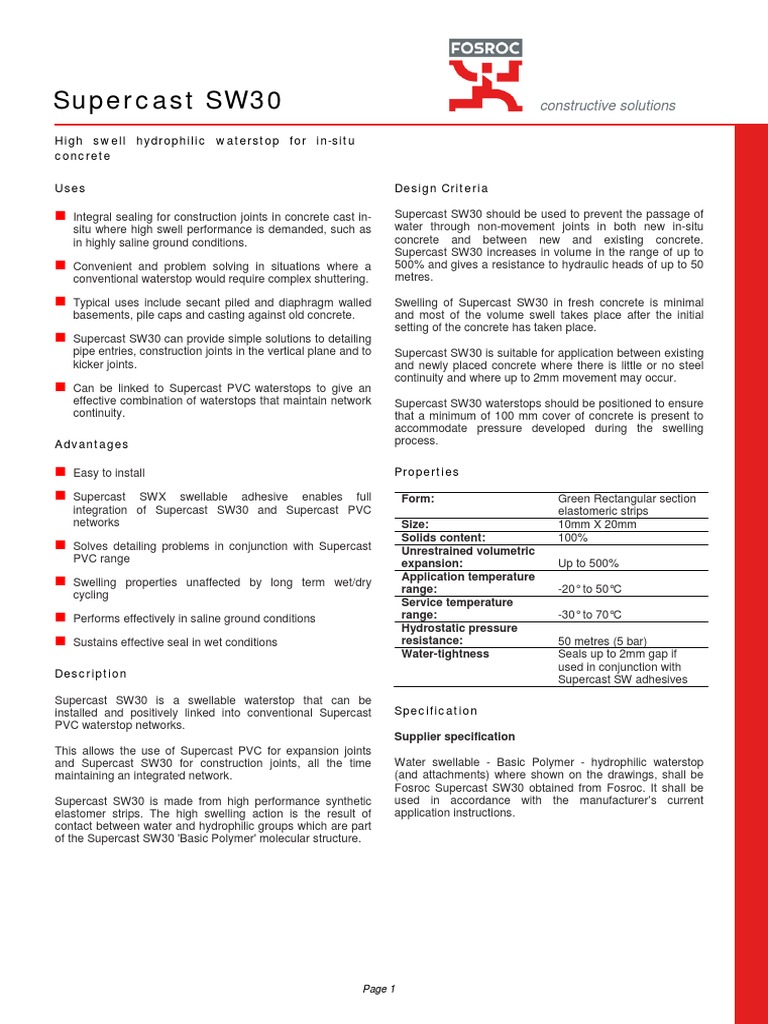 Fosroc Supercast SW30 TDS | PDF | Polyvinyl Chloride | Adhesive