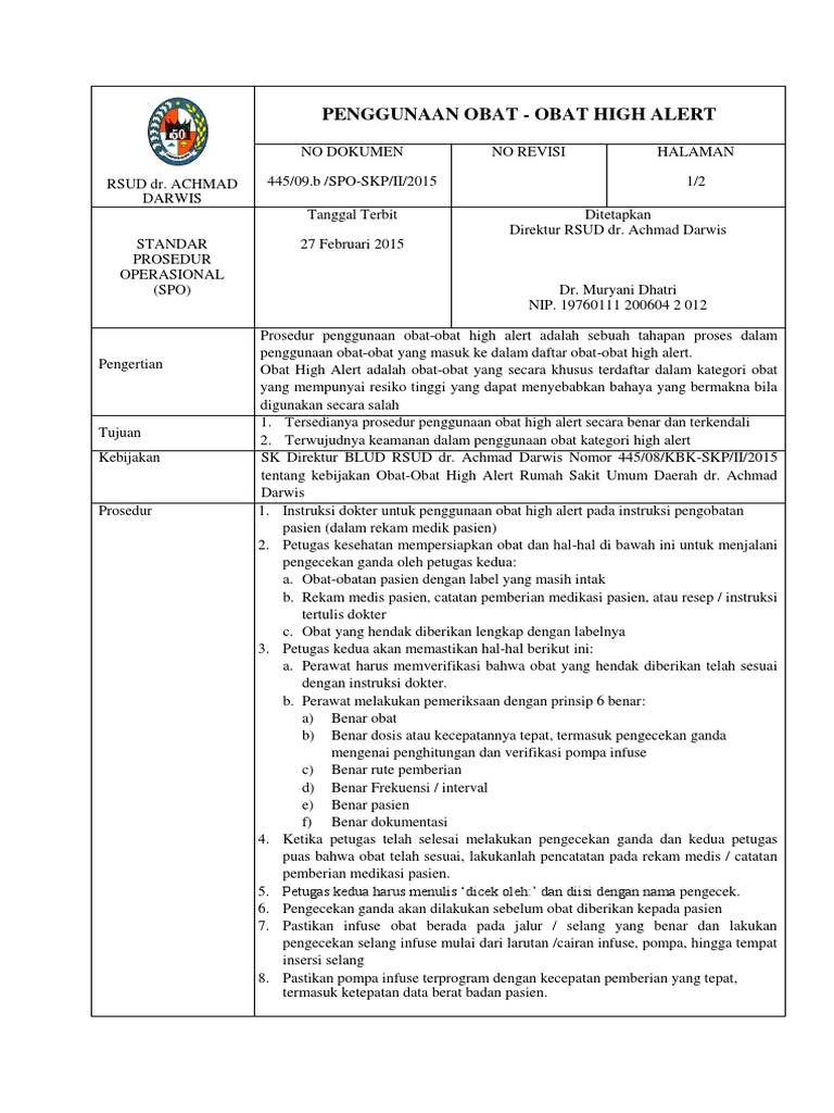 SOP Pemberian Obat High Alert | PDF