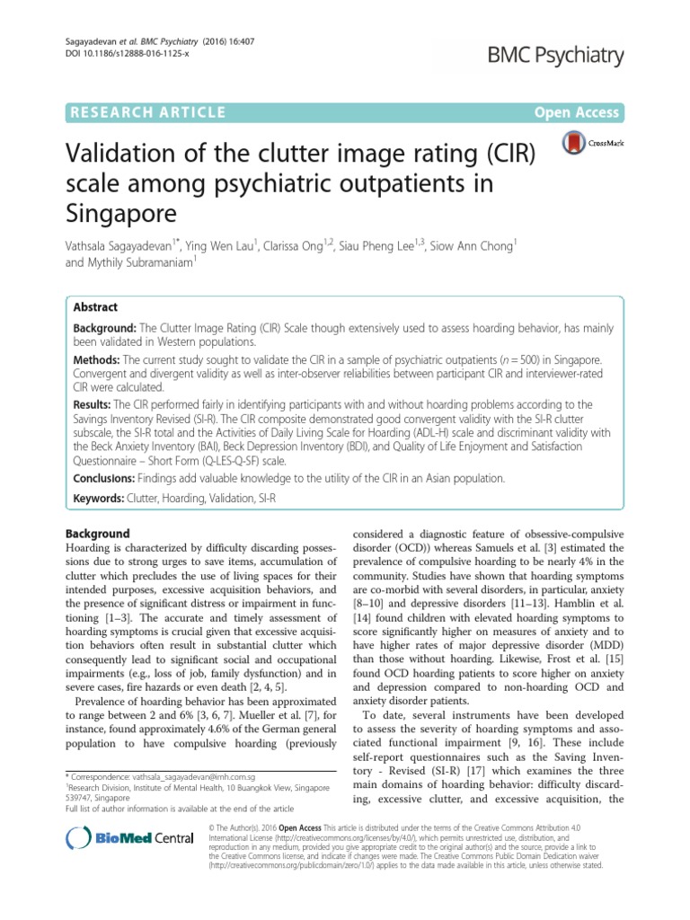 Validation of The Clutter Image Rating (CIR) Scale Among Psychiatric ...