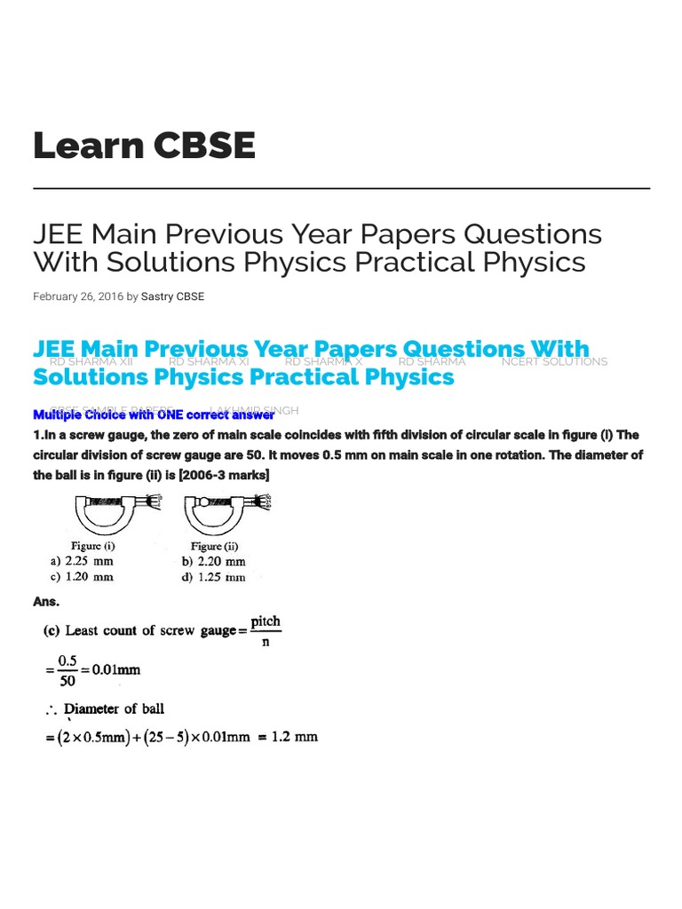 Screw Gauge Questions for JEE Mains | PDF | Physical Quantities | Physics