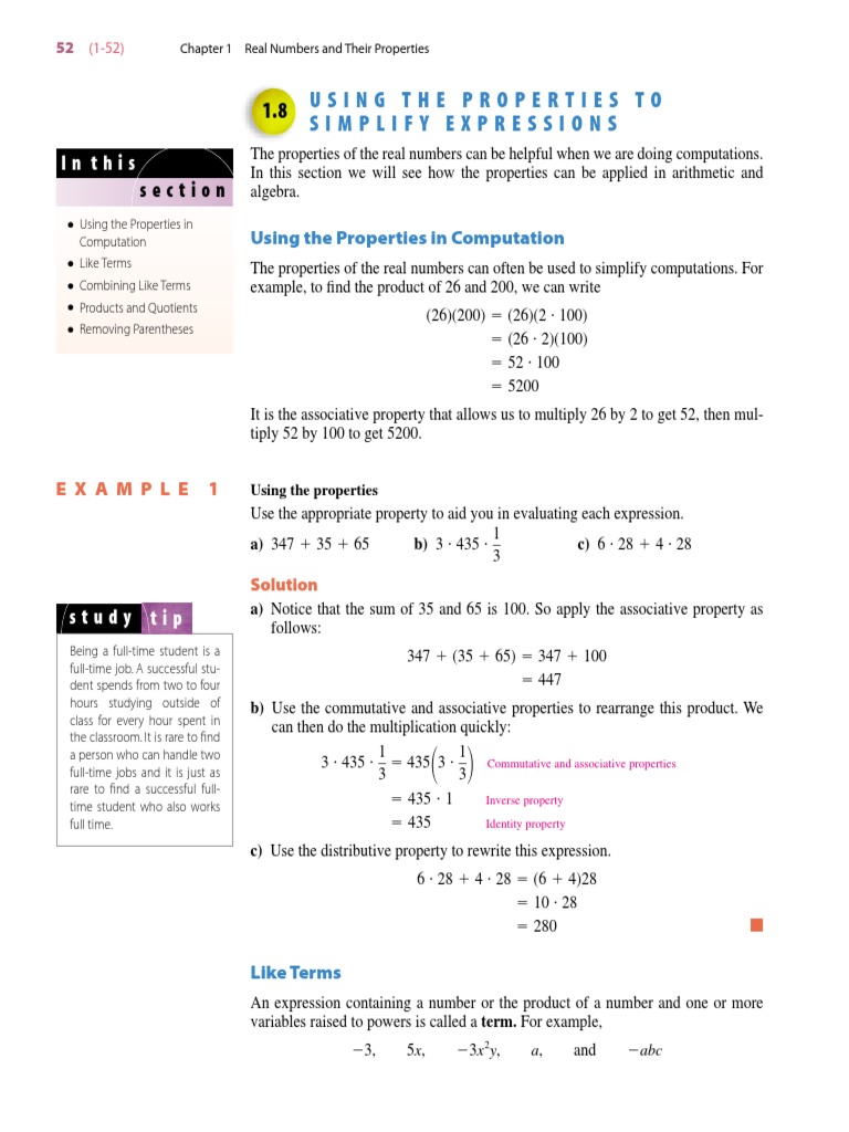 Using The Properties To Simplify Expressions: Section | PDF | Fraction ...