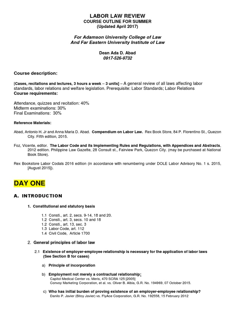 Labor Law Review 2017 Syllabus | PDF | Collective Bargaining | Employment