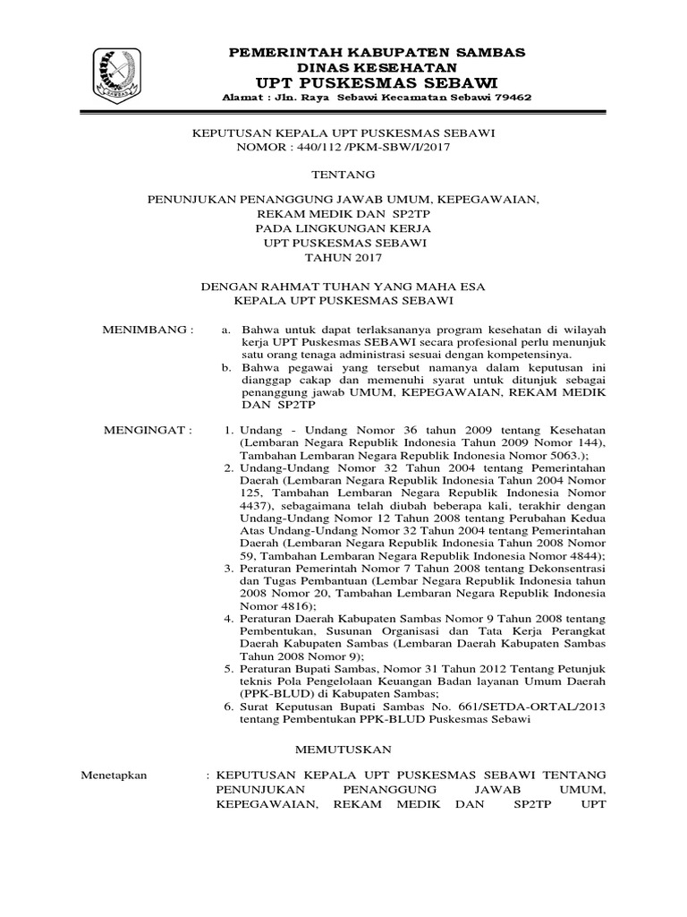 SK Penanggung Jawab Umum, Kepegawaian, Rekam Medik & Sp2tp | PDF