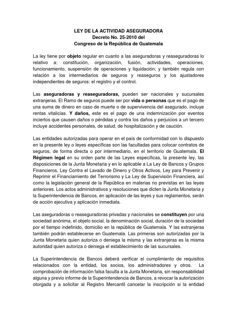 Ley que regula las aseguradoras y reaseguradoras en Guatemala | PDF | Reaseguro | Póliza de seguros