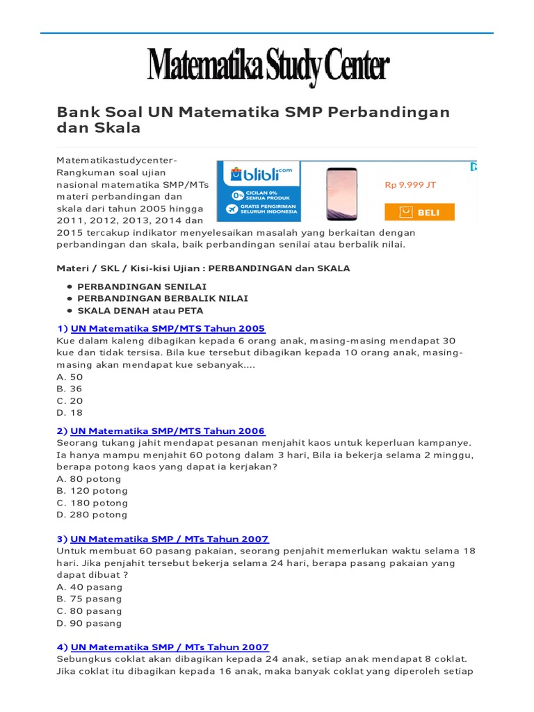 39 Bank Soal Un Matematika SMP Perbandingan Dan Skala | PDF | Metode & Bahan Ajar | Seni