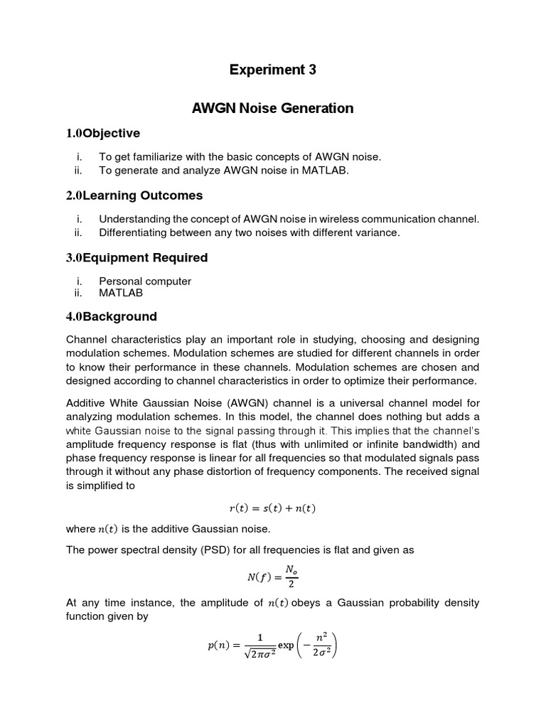 Experiment 3 AWGN Noise Generation: 1.0 Objective | PDF | Signal To Noise Ratio | Bandwidth ...