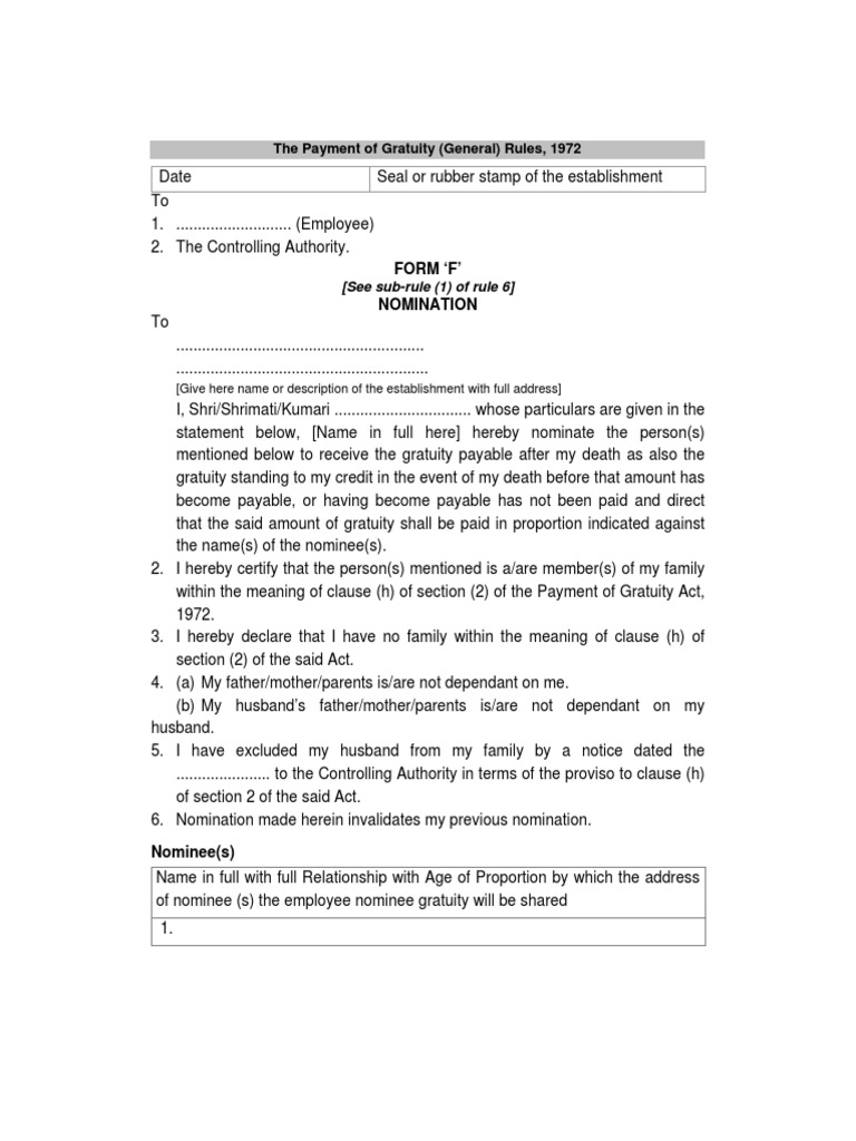 Gratuity Form F | PDF | Gratuity | Government Information