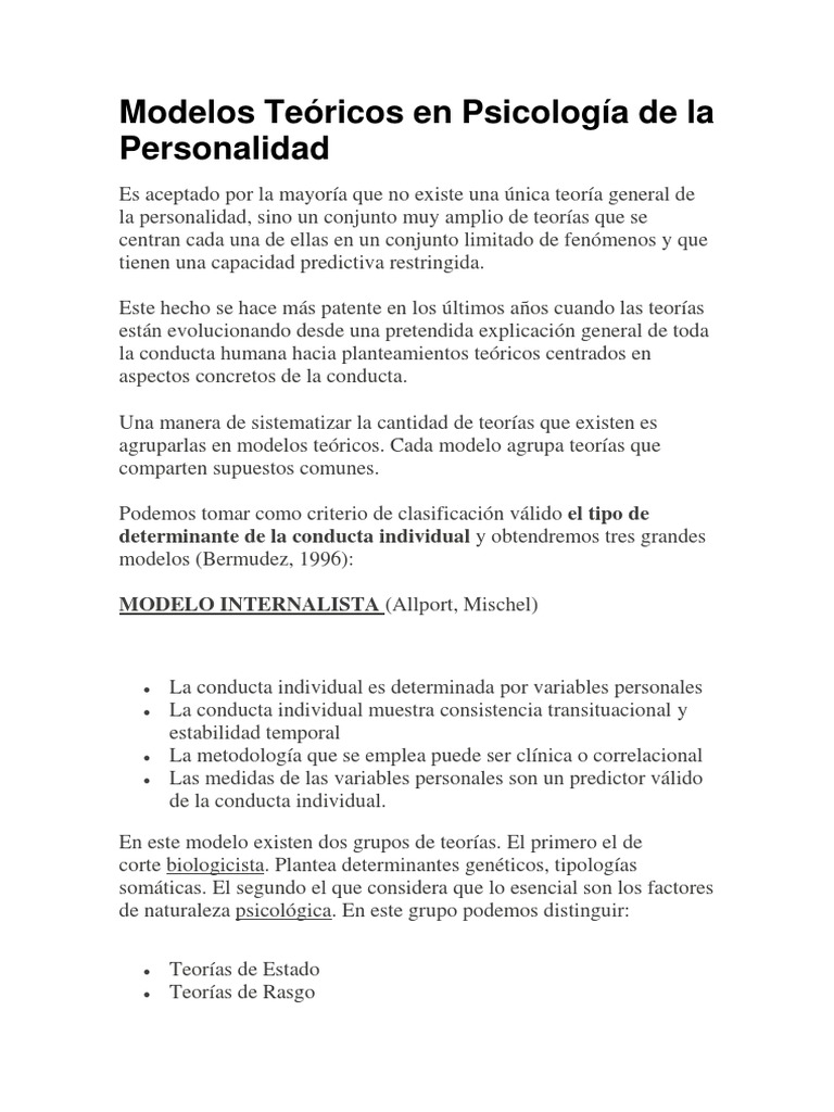 Modelos Teóricos en Psicología de La Personalidad | Comportamiento ...